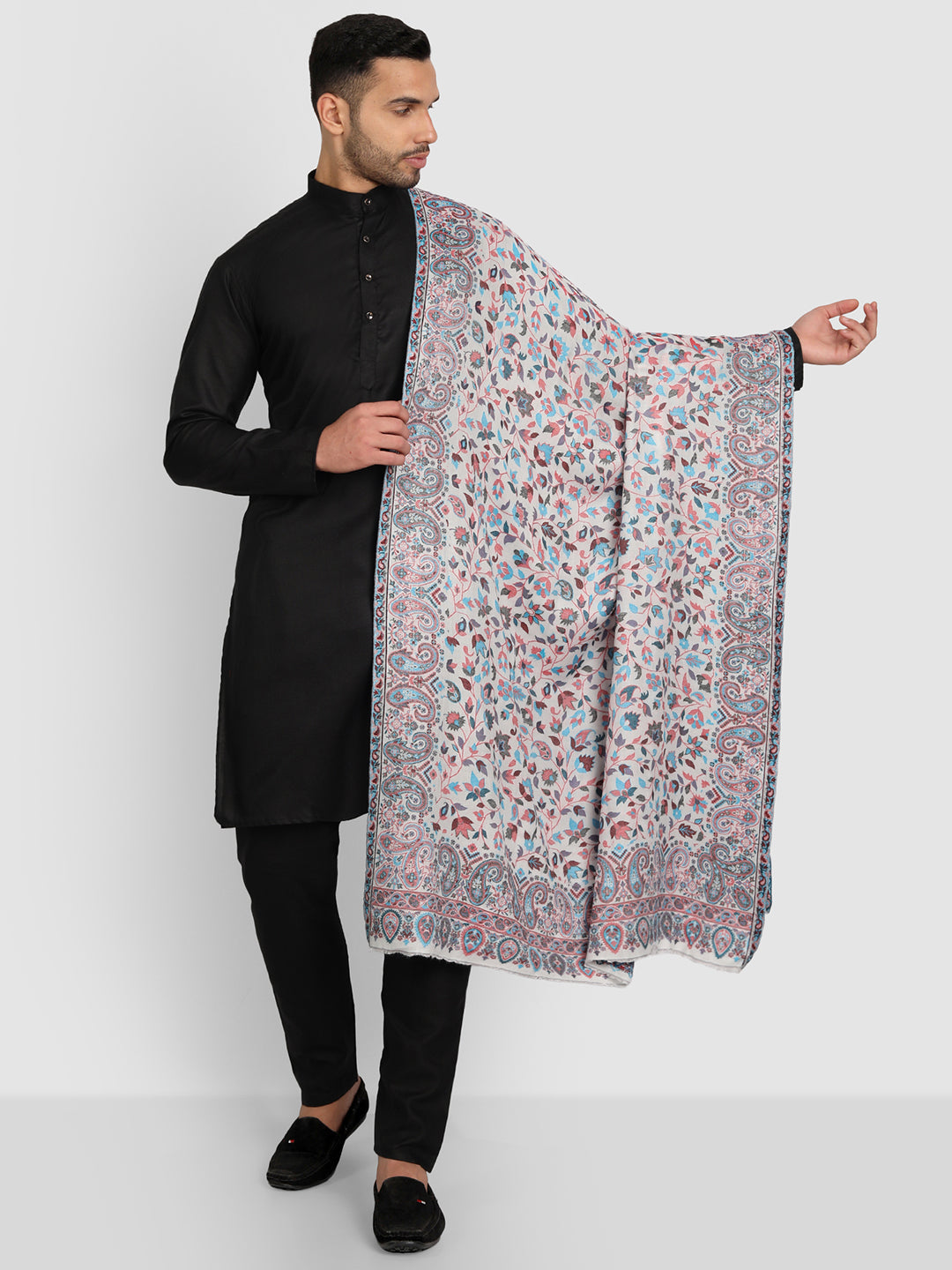Men's Traditional Kani Weave Shawl with Embroidery | White – Zamour