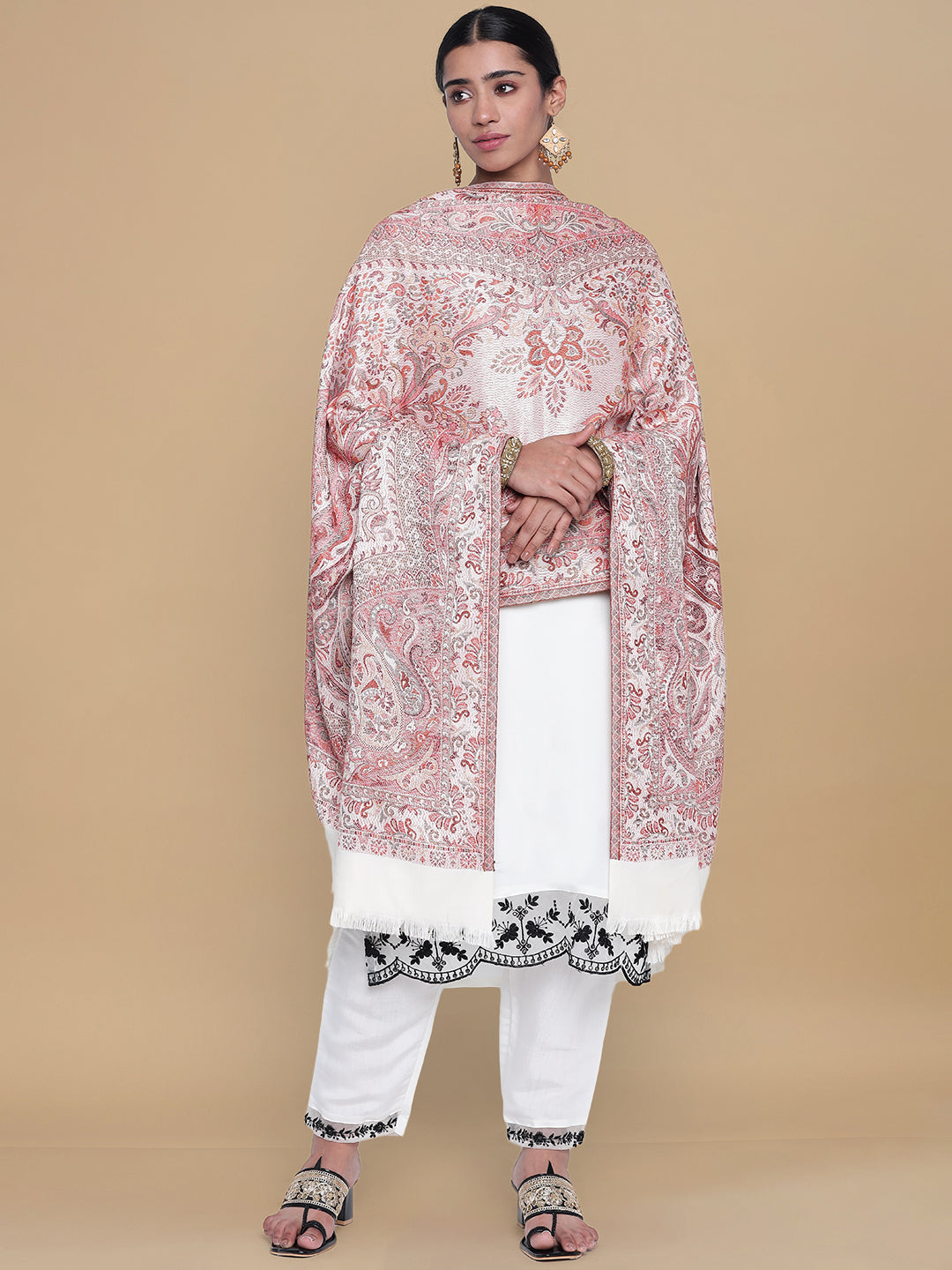 Jacquard Woollen Woven Shawl for Women in Jamawar Patterns | White – Zamour