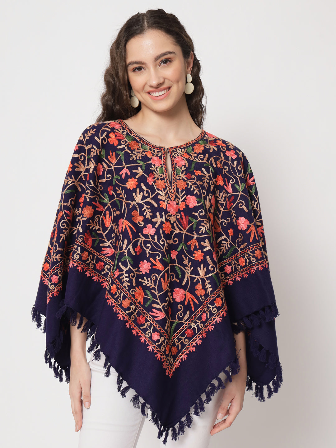 Woolen Kashmiri Poncho with Jaal Embroidery and Silk Lining | Blue – Zamour