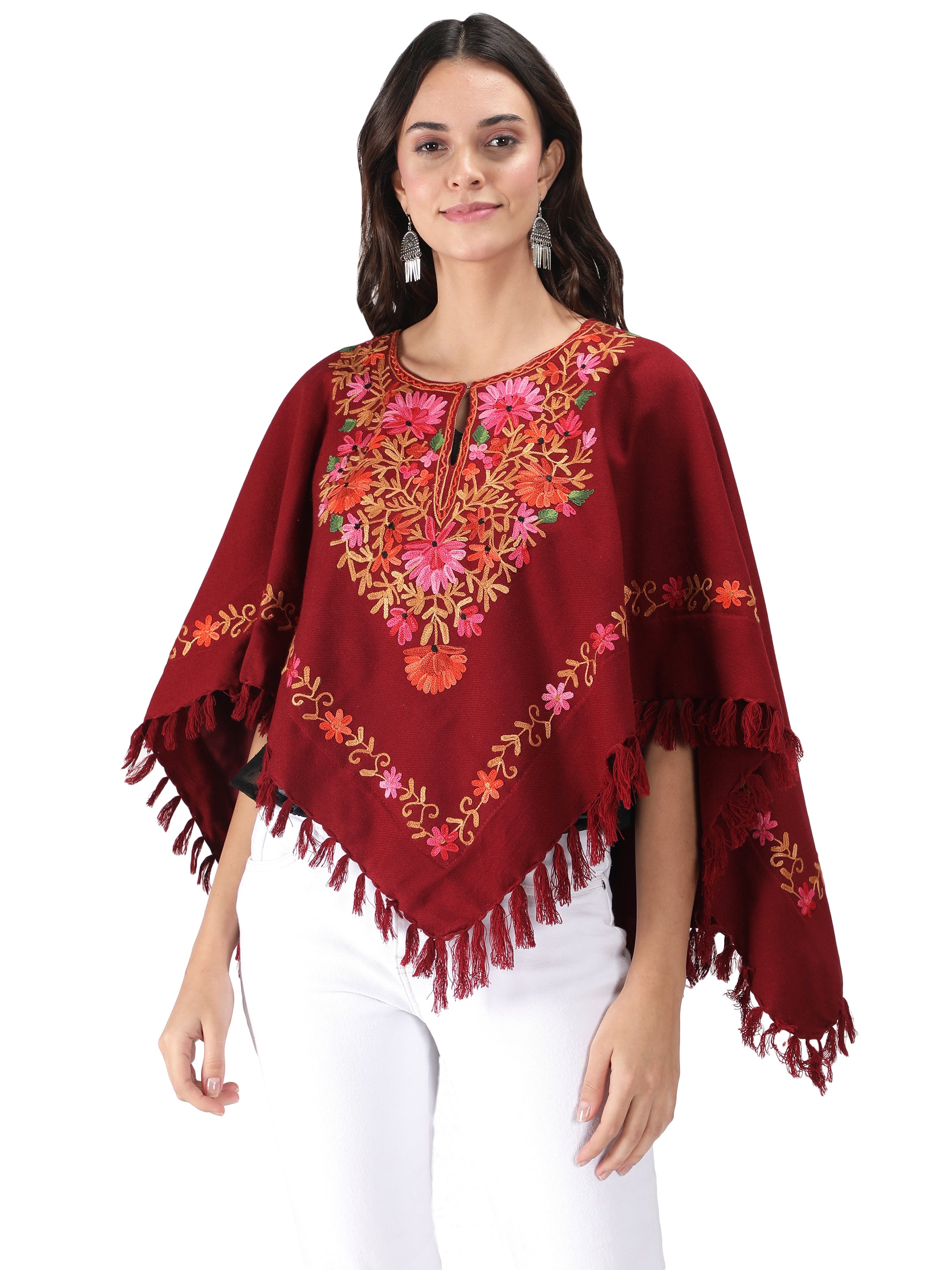Woolen Poncho with Kashmiri Embroidery and Silk Lining | Maroon – Zamour