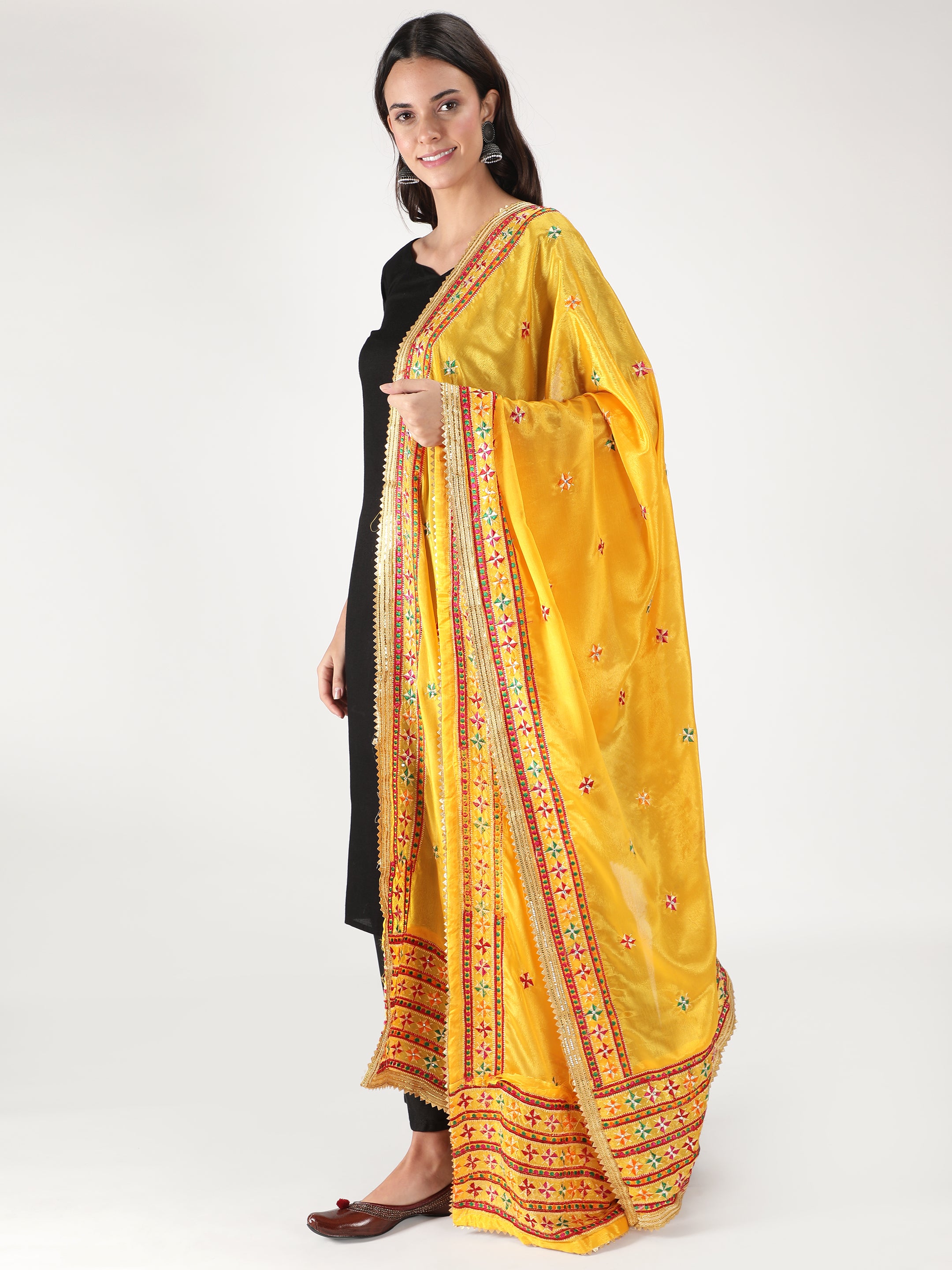 Punjabi Phulkari Dupatta with Heavy Embroidery Border | Yellow ...