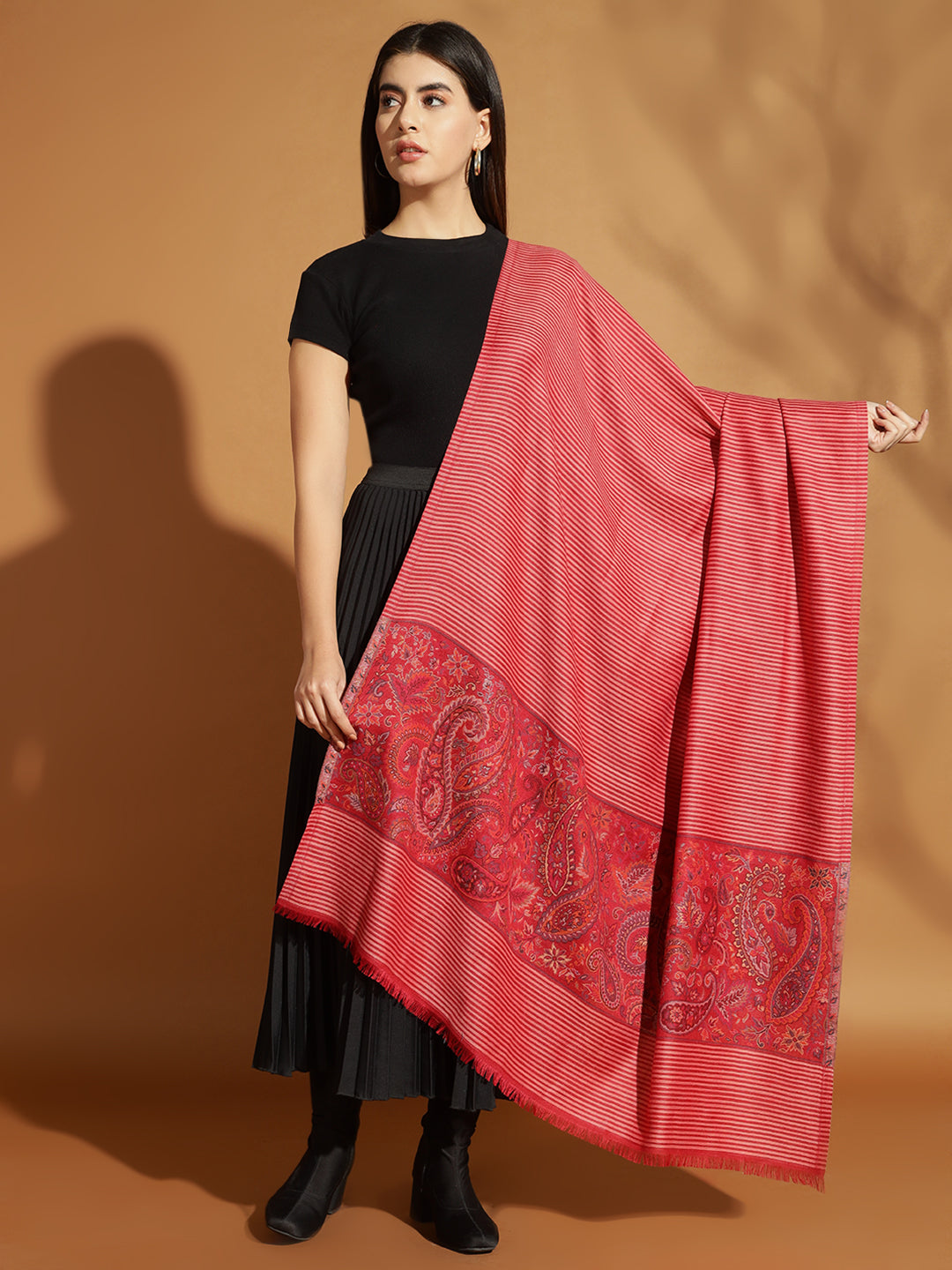 Kani Weave Striped Pure Wool Shawl Paisley Borders for Women | Maroon ...