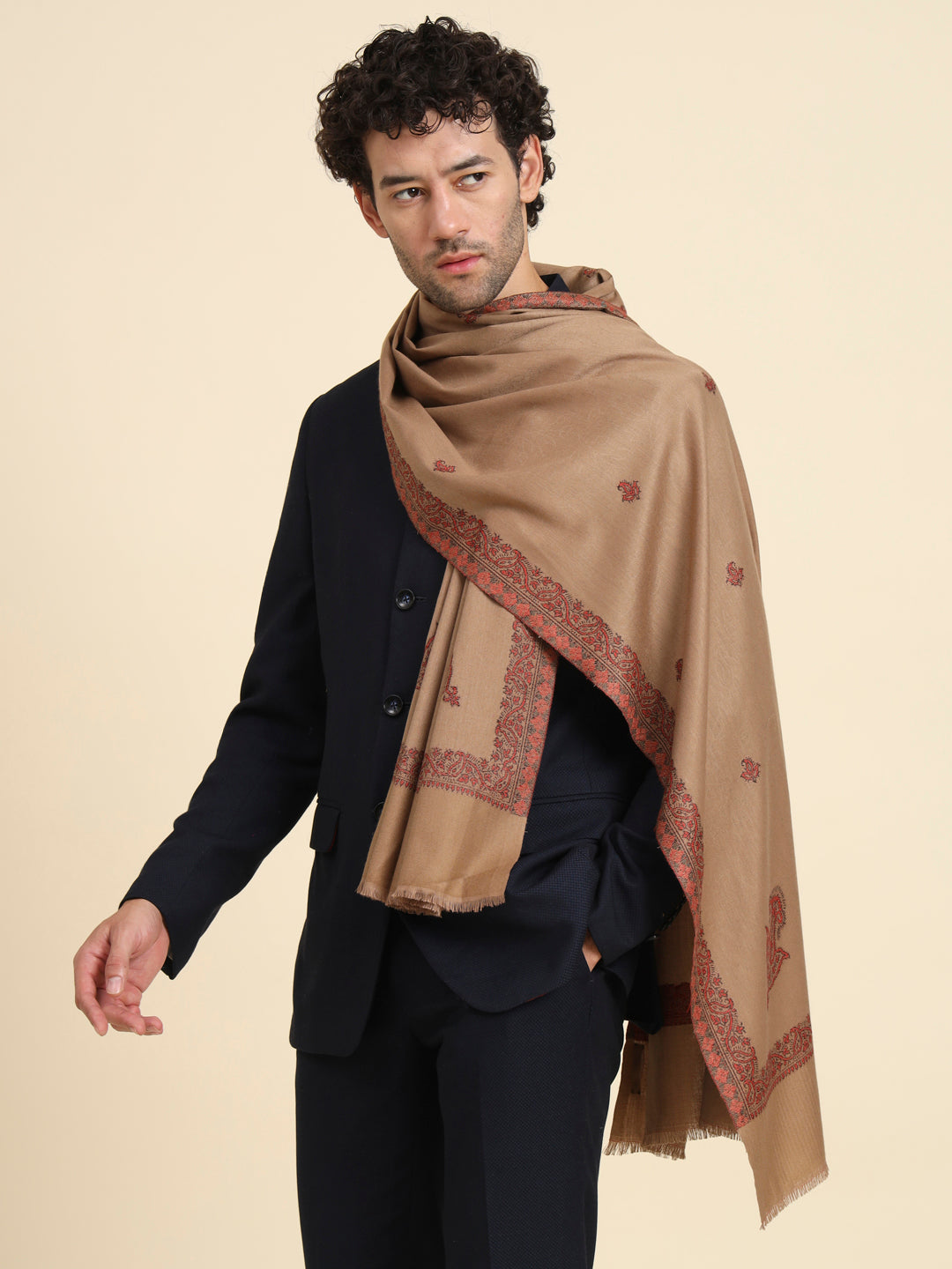 Woven Stole for Men with Daur Border in Kashmiri Design | Brown – Zamour