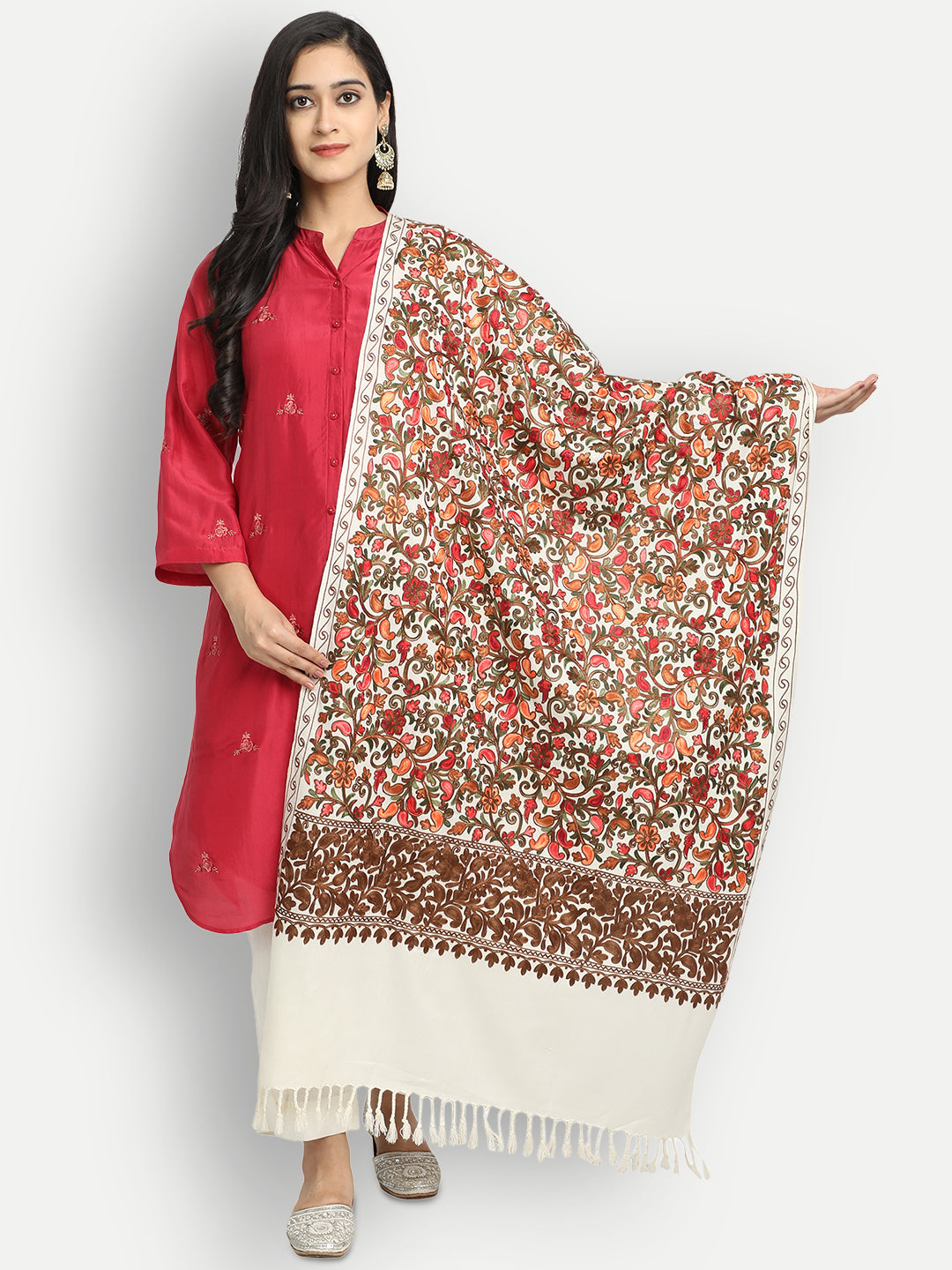 Women Kashmiri Aari Embroidery Woollen Stole | Off White | – Zamour