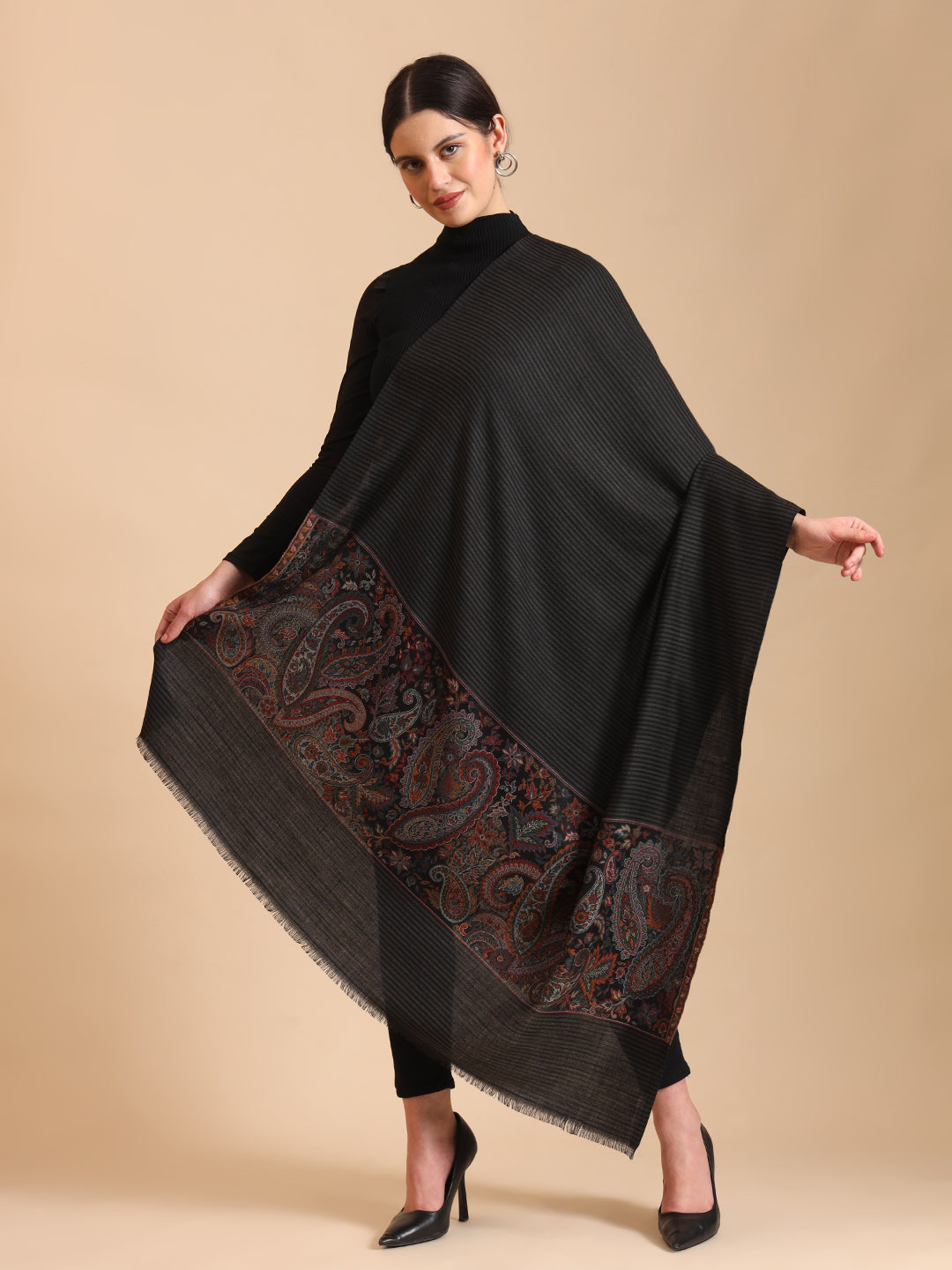 Kani Weave Striped Pure Wool Shawl Paisley Borders for Women | Black ...