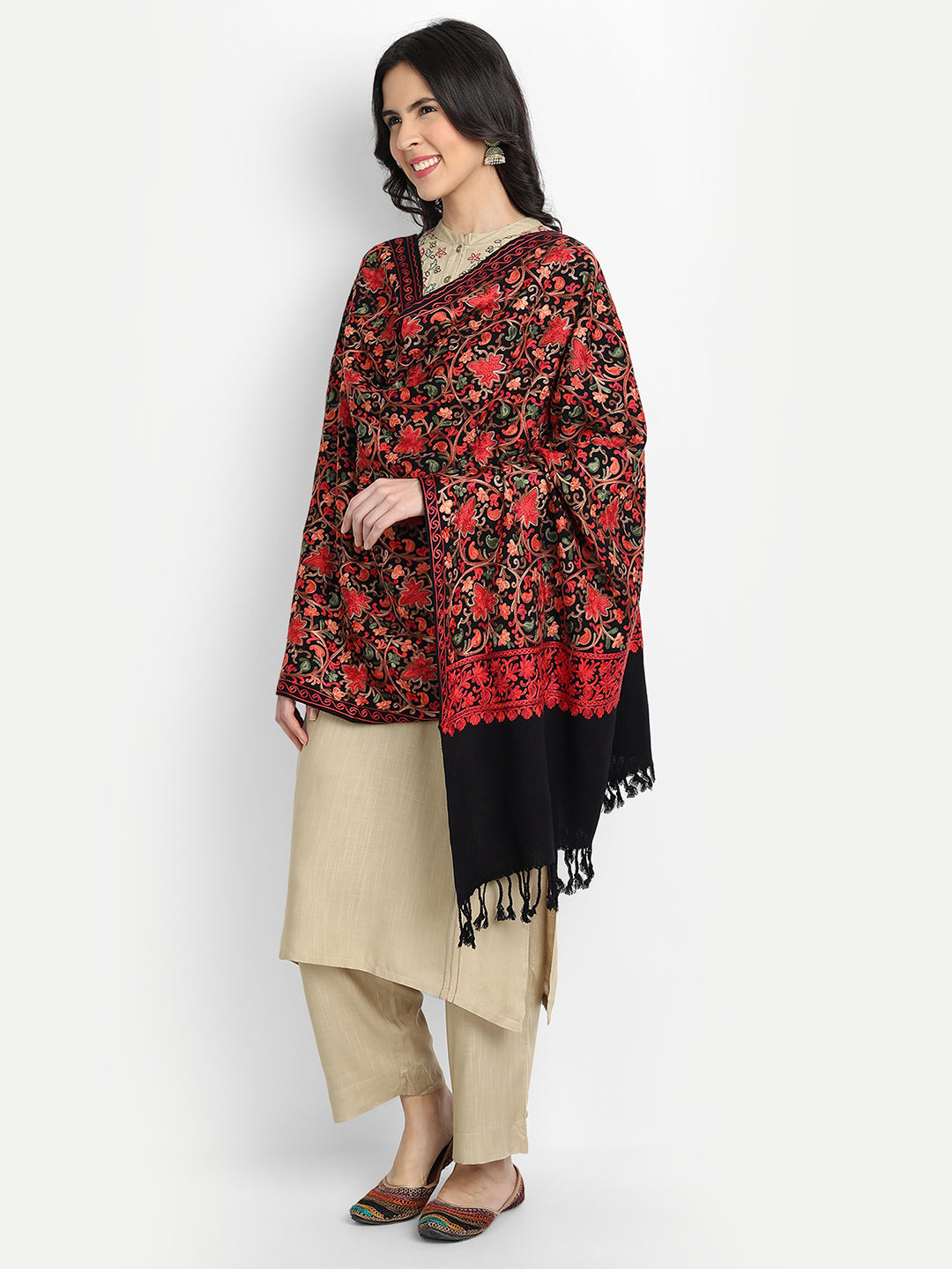 Women Kashmiri Embroidered Woollen Stole | Black | – Zamour