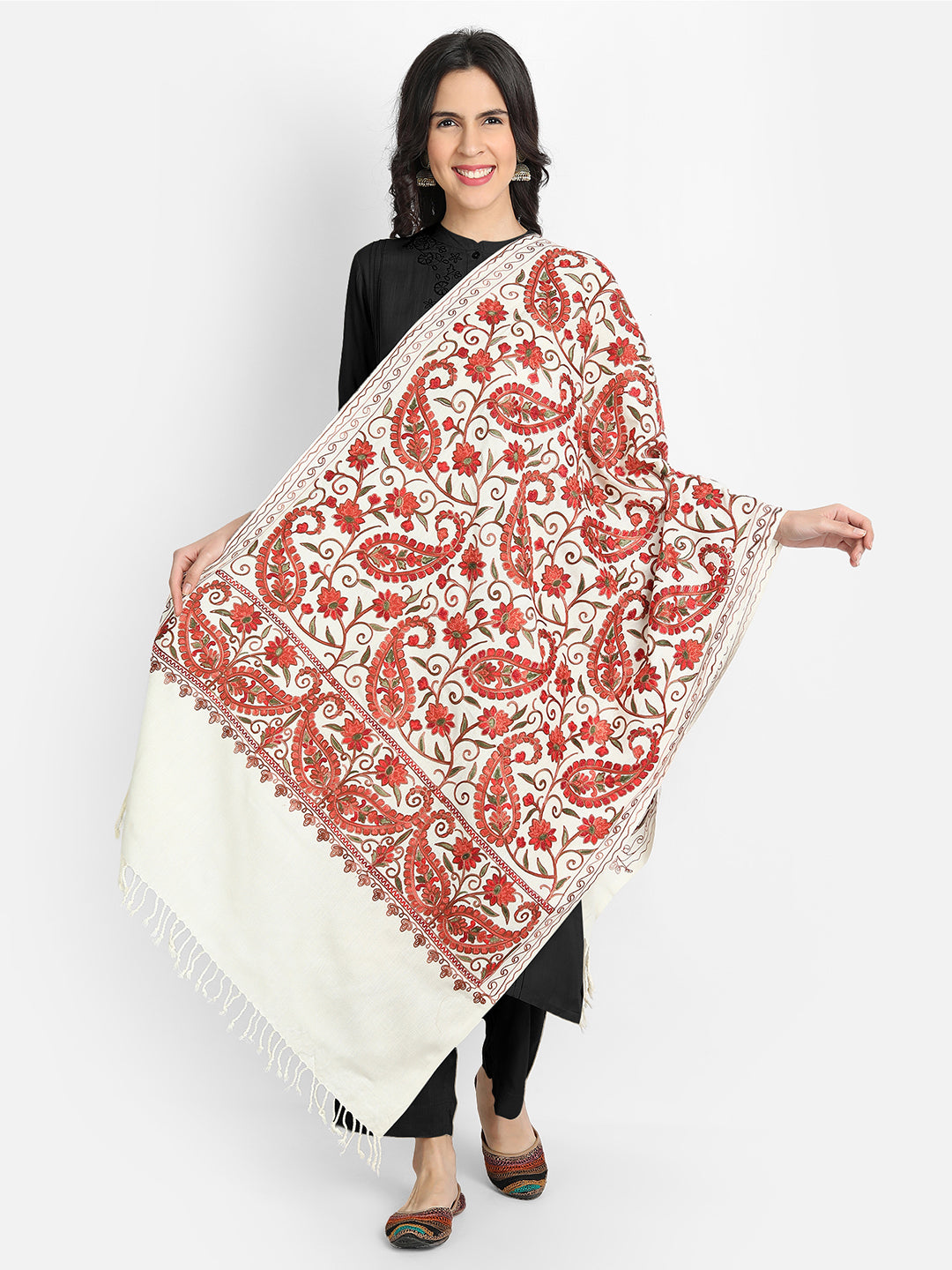 Women Kashmiri Aari Embroidery Woollen Stole | Off White | – Zamourstore