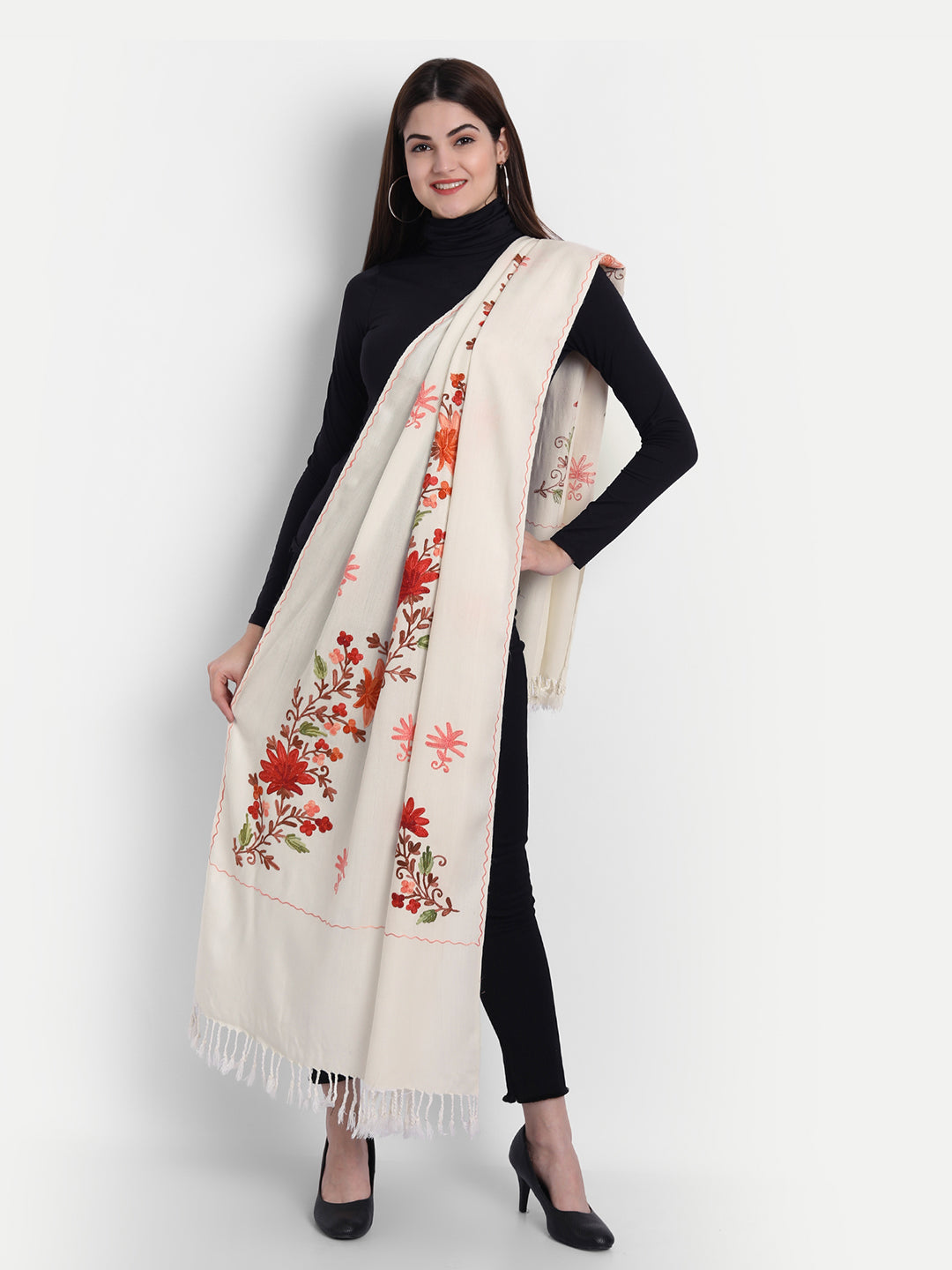 Women Kashmiri Aari Embroidery Woollen Stole | White | – Zamourstore