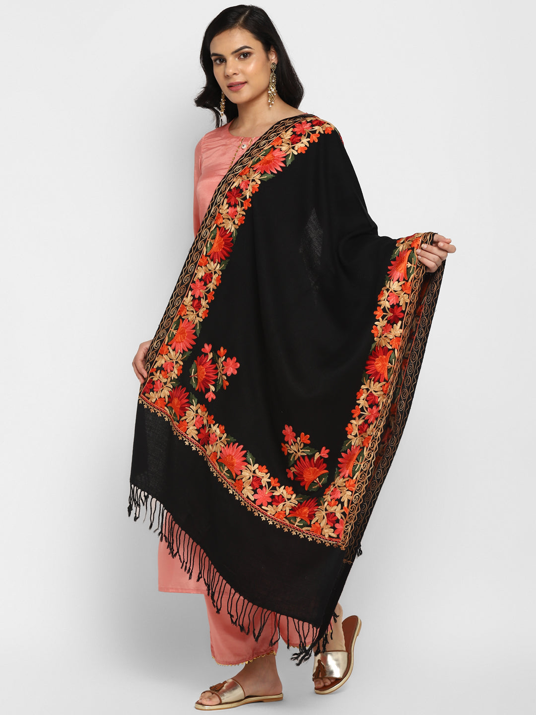Women Kashmiri Aari Embroidery Woollen Stole | Black | – Zamourstore