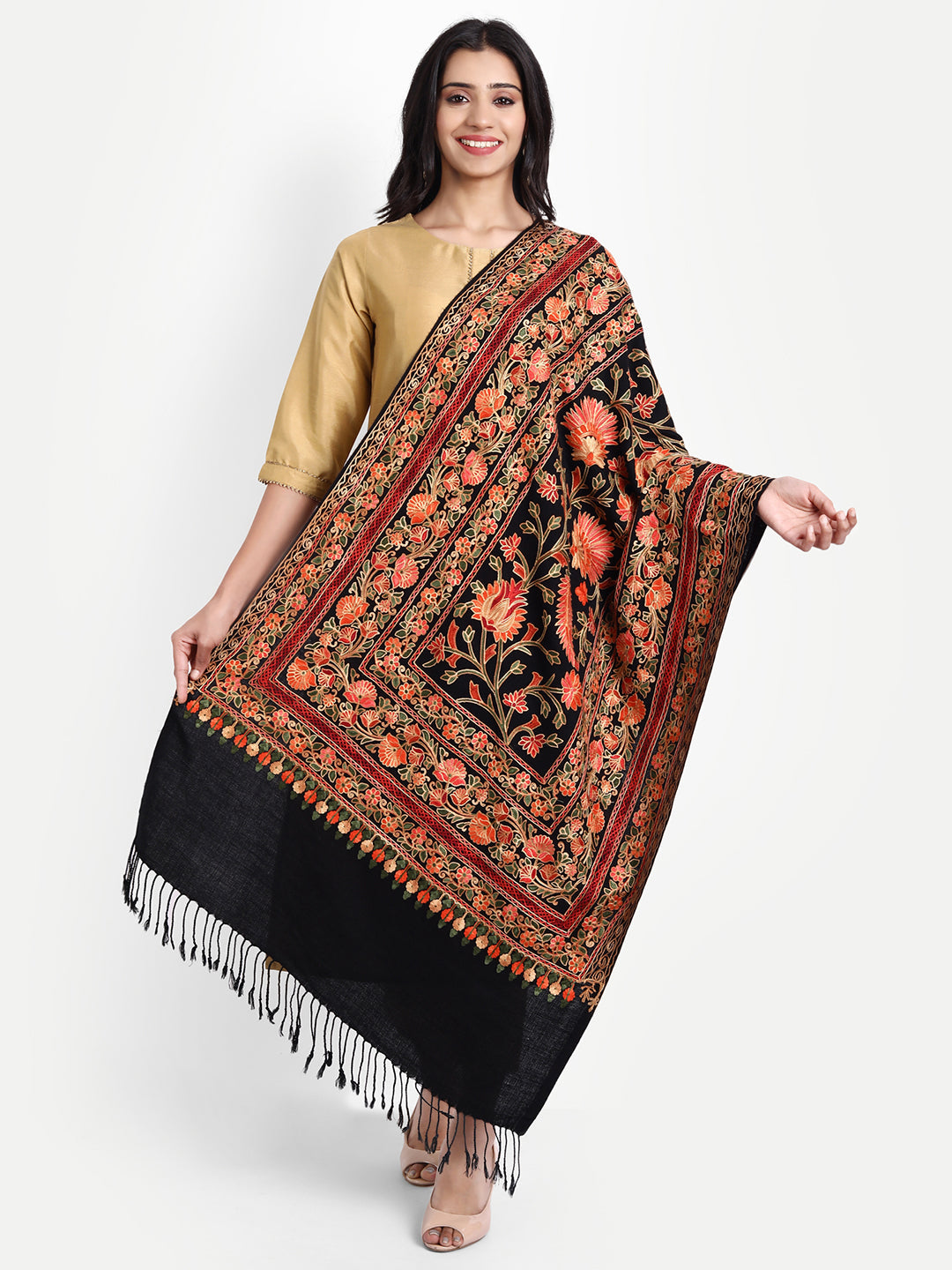 Women Kashmiri Aari Embroidery Woollen Stole | Black | – Zamour